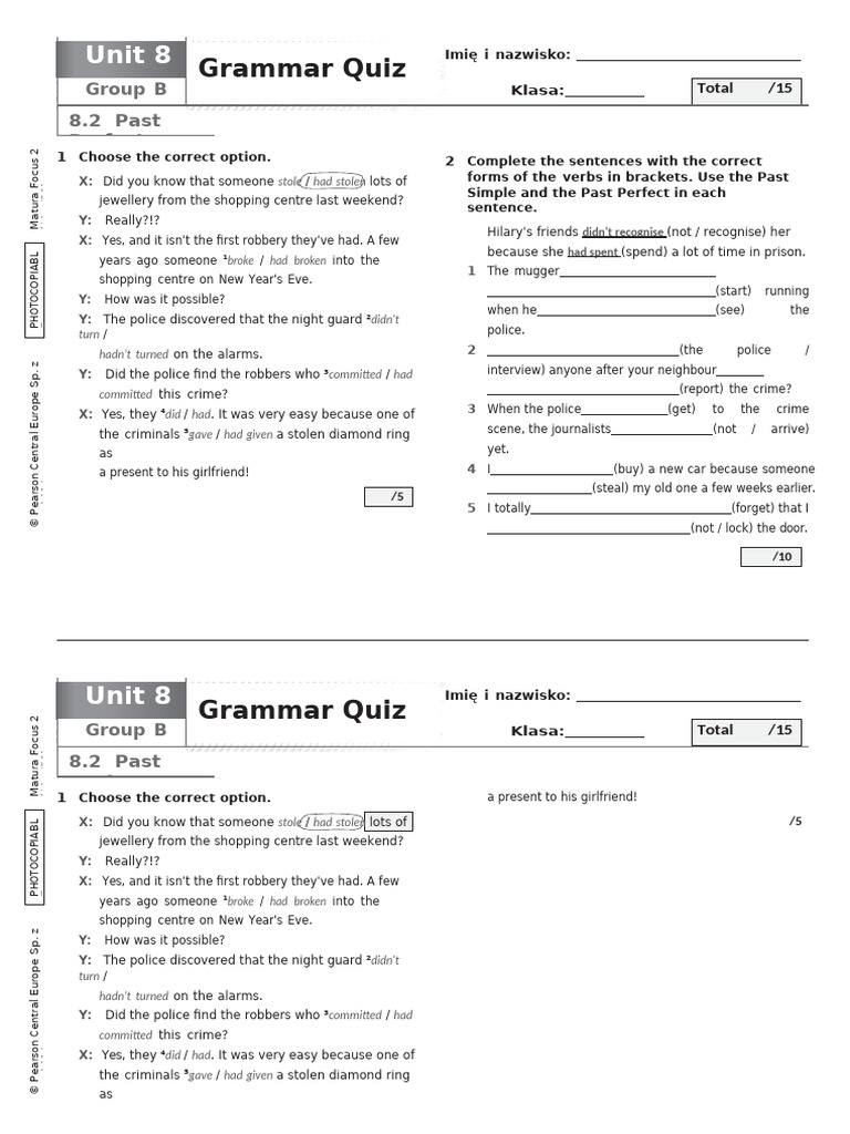 Grammar Quiz Lesson 8.2 - Group B | PDF | Crimes | Crime & Violence