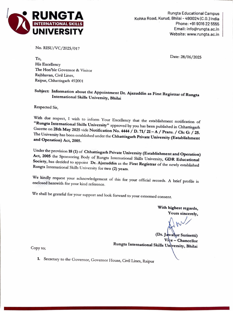 Information About Appointment of Registrar - Dr. Ajazuddin - RISU | PDF ...