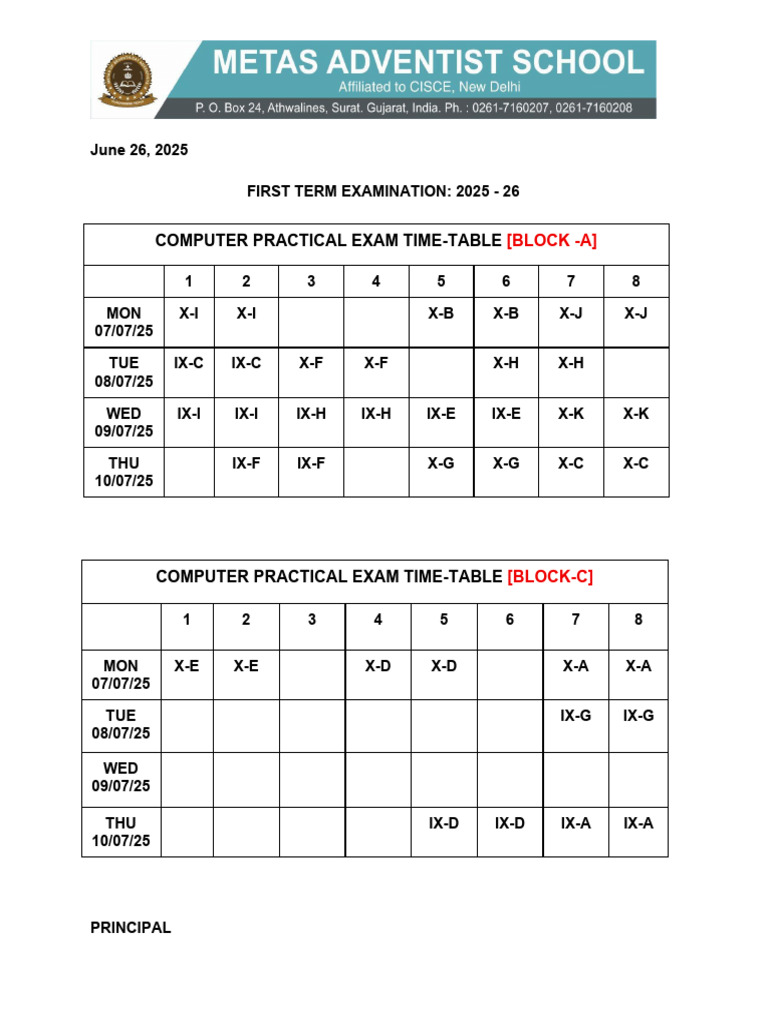 Ix & x First Term Practical Timetable [2025-26] | PDF