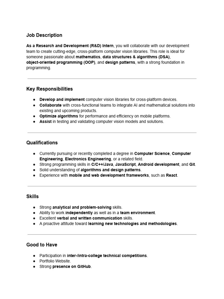 R&D Intern Job Description in IT | PDF