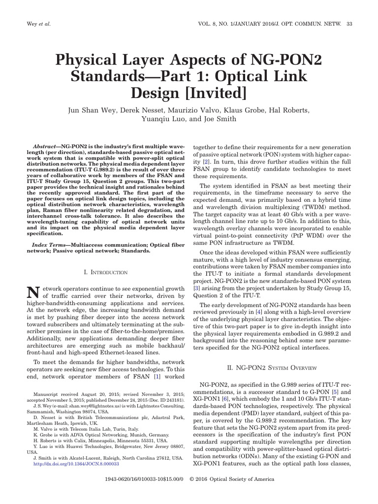 Physical Layer Aspects of NG-PON2 StandardsPart 1 Optical Link Design ...