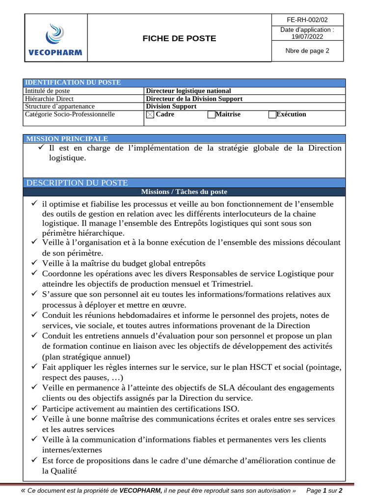 Fiche de poste : Directeur logistique | PDF | Logistique | Business