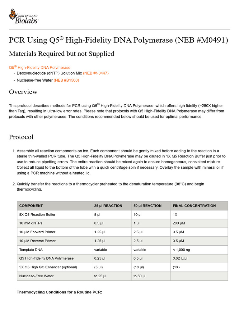 PCR Using q5 High Fidelity Dna Polymerase m0491 | PDF | Polymerase ...