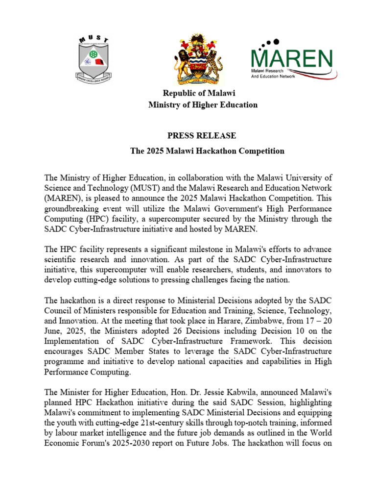2025 Malawi Hackathon Announcement | PDF | Supercomputer | Innovation