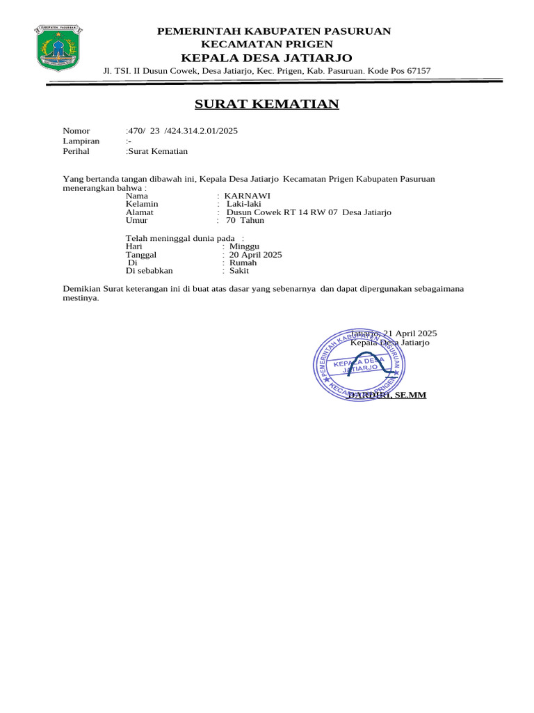 Surat Kematian Erina | PDF