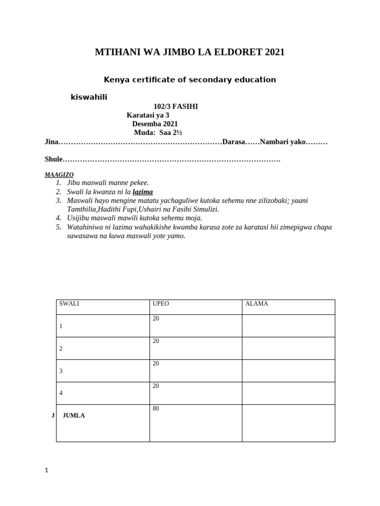 Kiswahili PP3 QS - 1643740158 | PDF