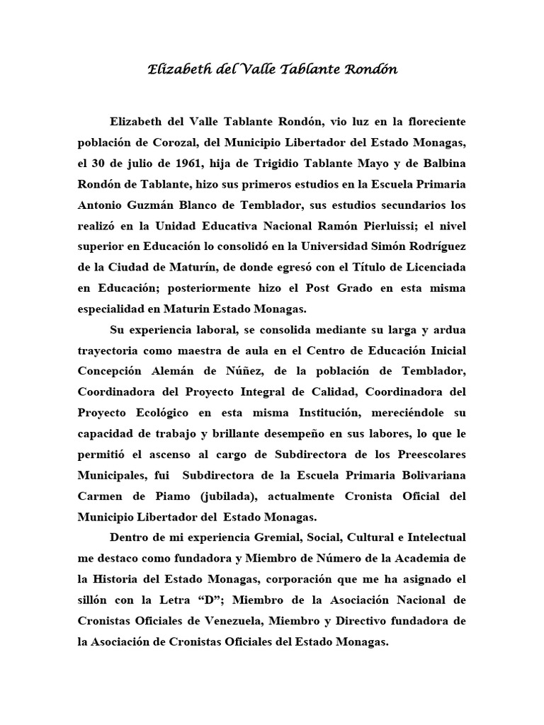 Trayectoria de Elizabeth Tablante Rondón | PDF