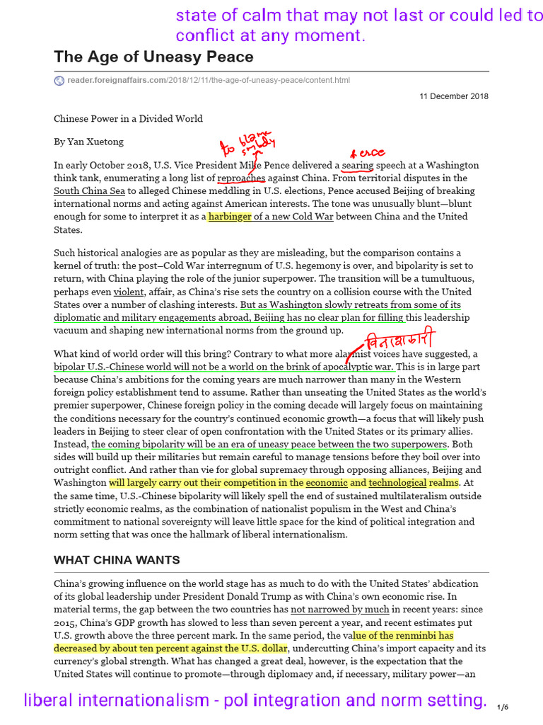 Yan Xuetong - The Age of Uneasy Peace | PDF | China | World Politics