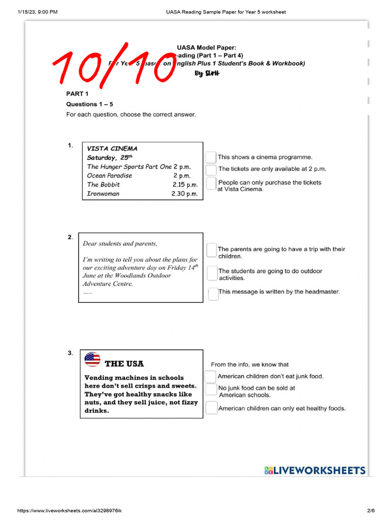 UASA Year 5 Reading Worksheet | PDF