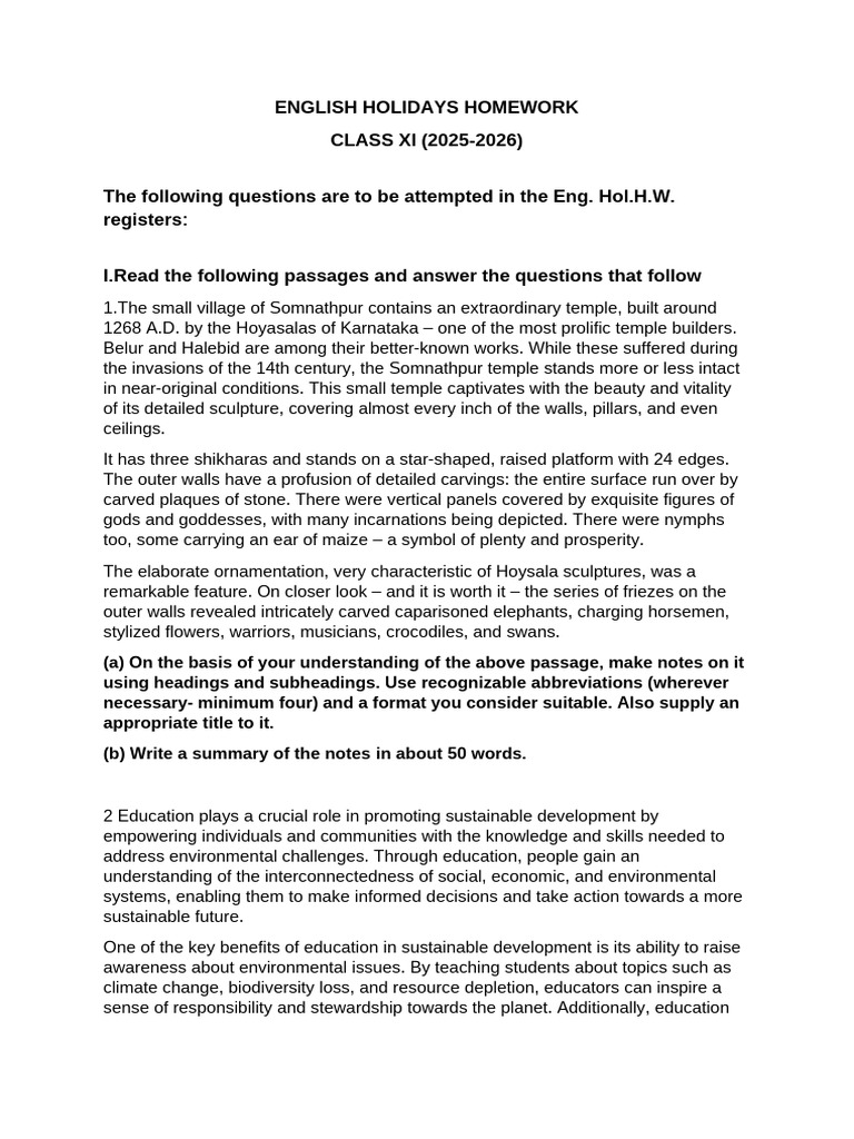 English Holidays Homework for Class XI | PDF | Sustainability ...