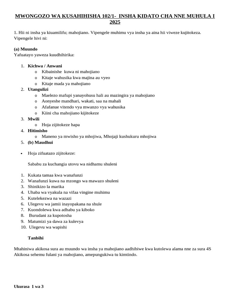 Kiswahili F4T1 PP1 2025 - MS-1 | PDF