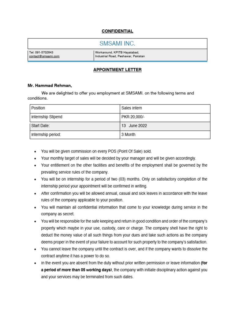 Sales Appointment Letter - Hammad | PDF | Common Law | Justice