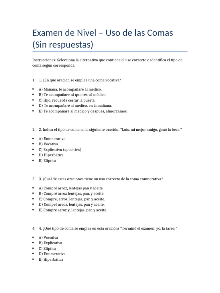 Examen de Comas: Uso y Tipos | PDF