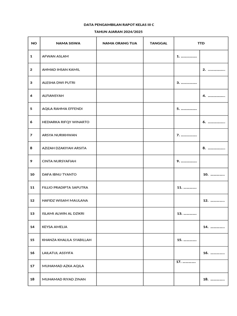 Data Pengambilan Rapot Kelas Iii C | PDF