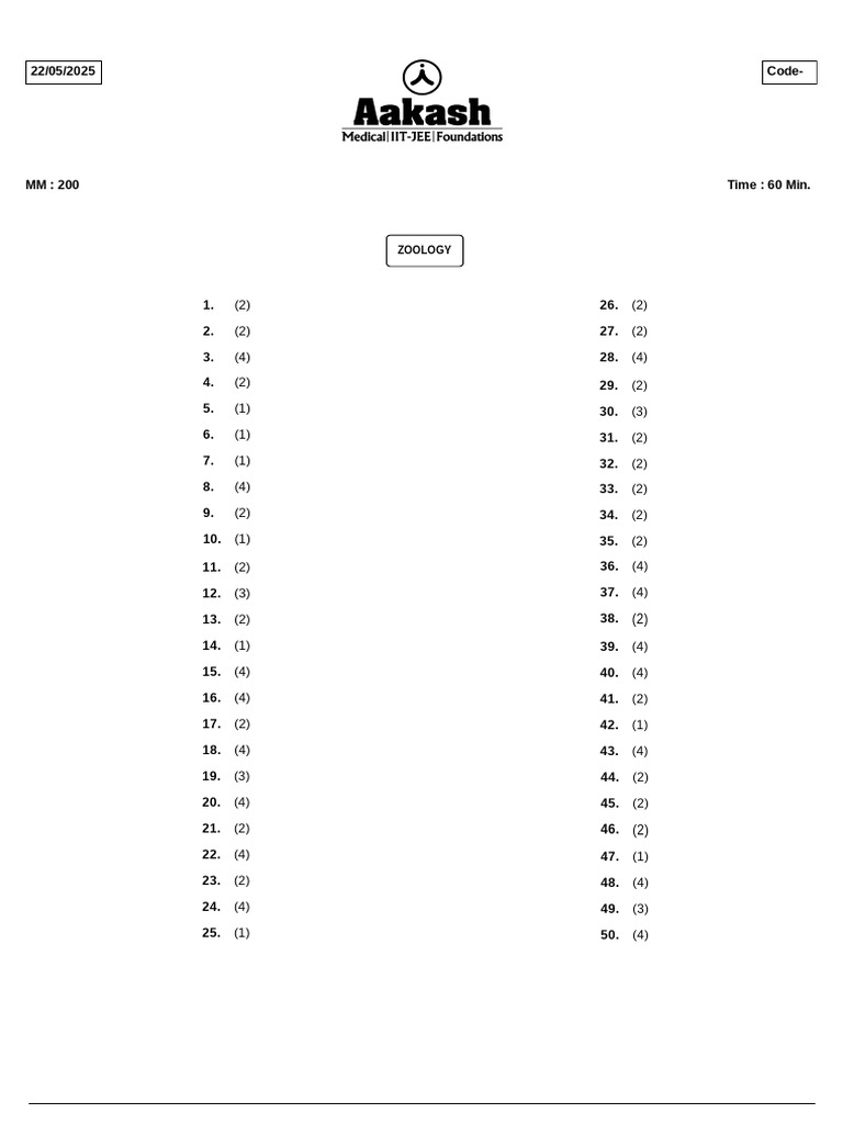 Oym Zoology Class Test-01 Key 22-05-2025 | PDF | Mammal Reproductive ...