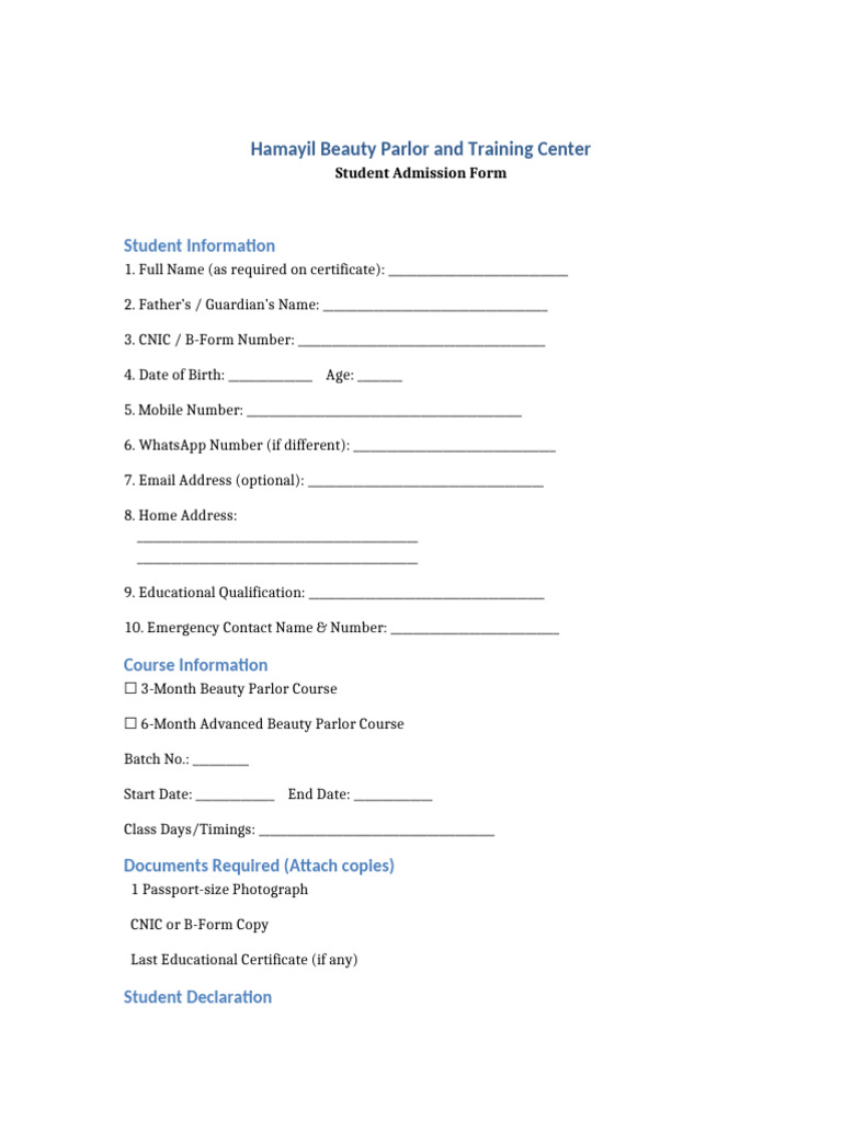 Beauty Parlor Admission Form | PDF
