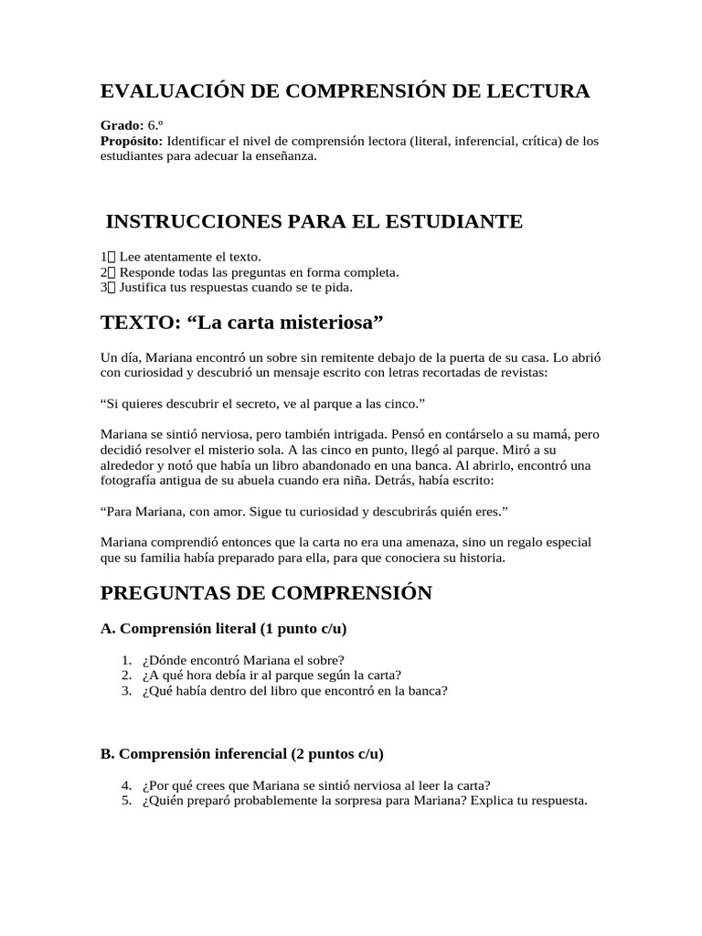 Evaluación de Comprensión Lectora 6.º Grado | PDF