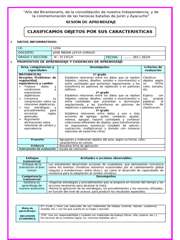 U1 S1 Sesion D4 Mat Clasificamos Objetos | PDF | Aprendizaje | Lápiz