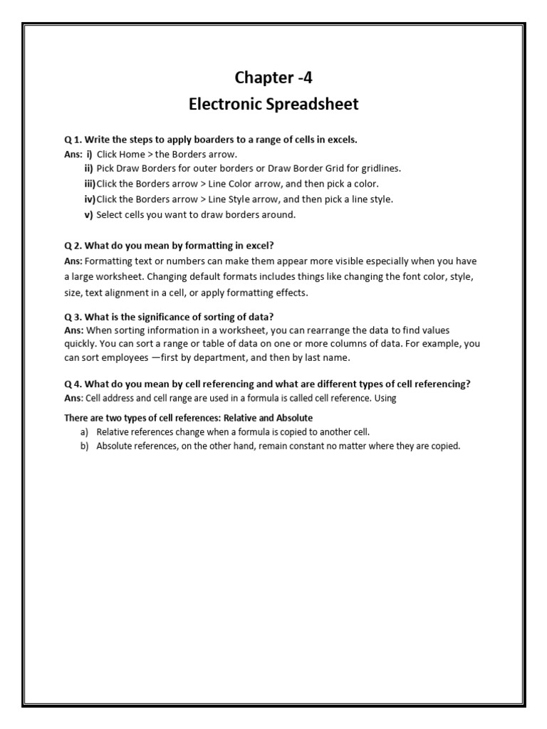 Chapter - 4 Electronic Spreadsheet | PDF
