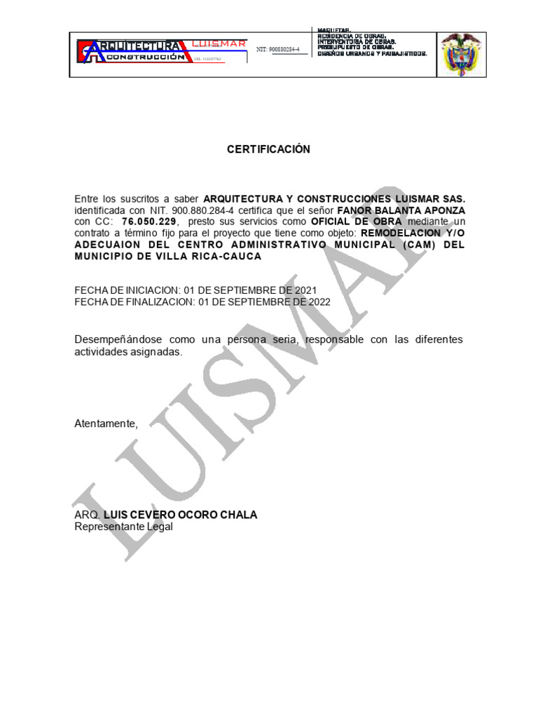 Certificación de Servicios de Fanor Balanta | PDF