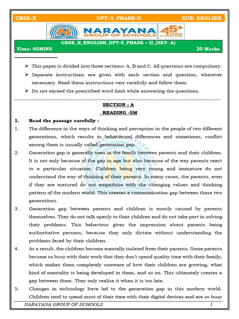 Cbse X English Dpt-5 Phase-II Set-A 27-11-2024 QP | PDF