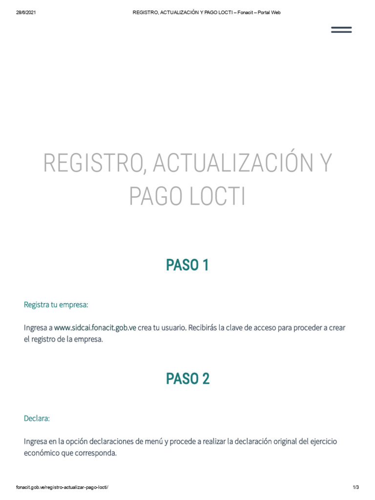 Registro, Actualización y Pago Locti - Fonacit - Portal Web | PDF ...