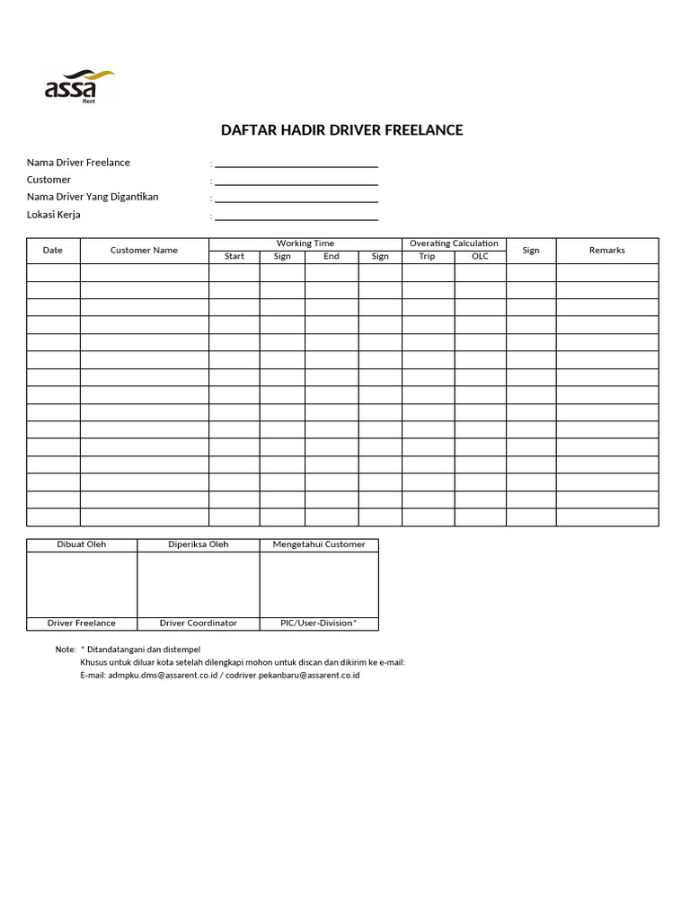 Daftar Hadir Driver Freelance | PDF