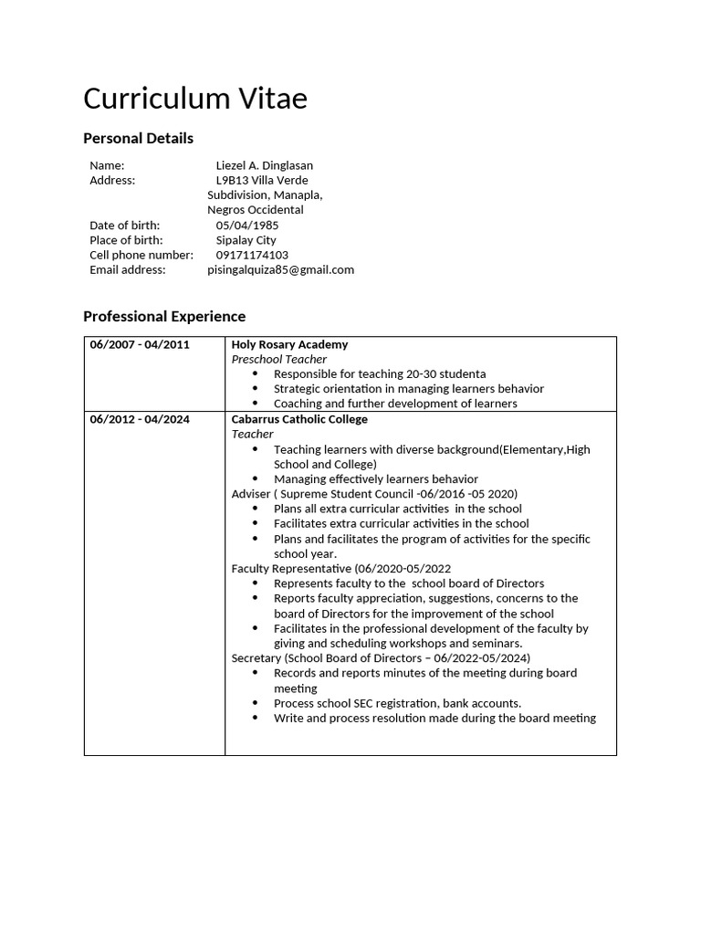 Curriculum Vitae Liezel A. Dinglasan | PDF | Curriculum | Schools