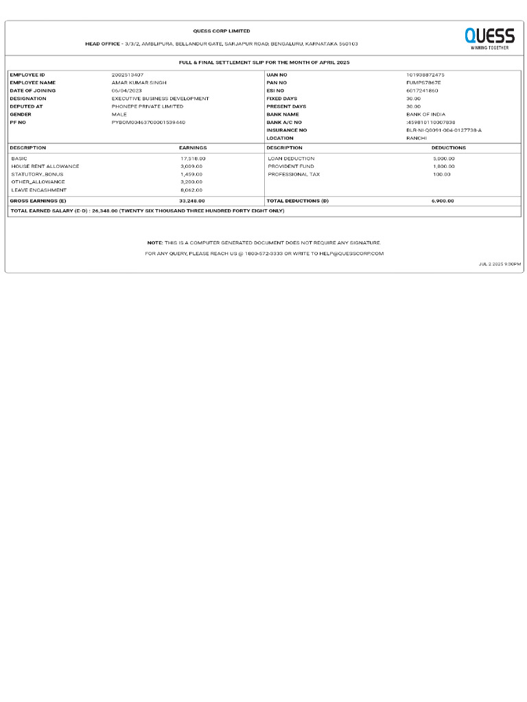 Amar - Kumar - Singh - April 2025 - Salary Slip - April-2025 | PDF