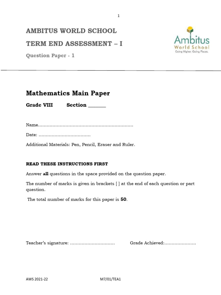 G8 Maths Paper 1 | PDF