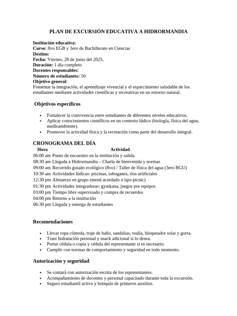 Plan de Excursión Educativa A Hidrormandia | PDF