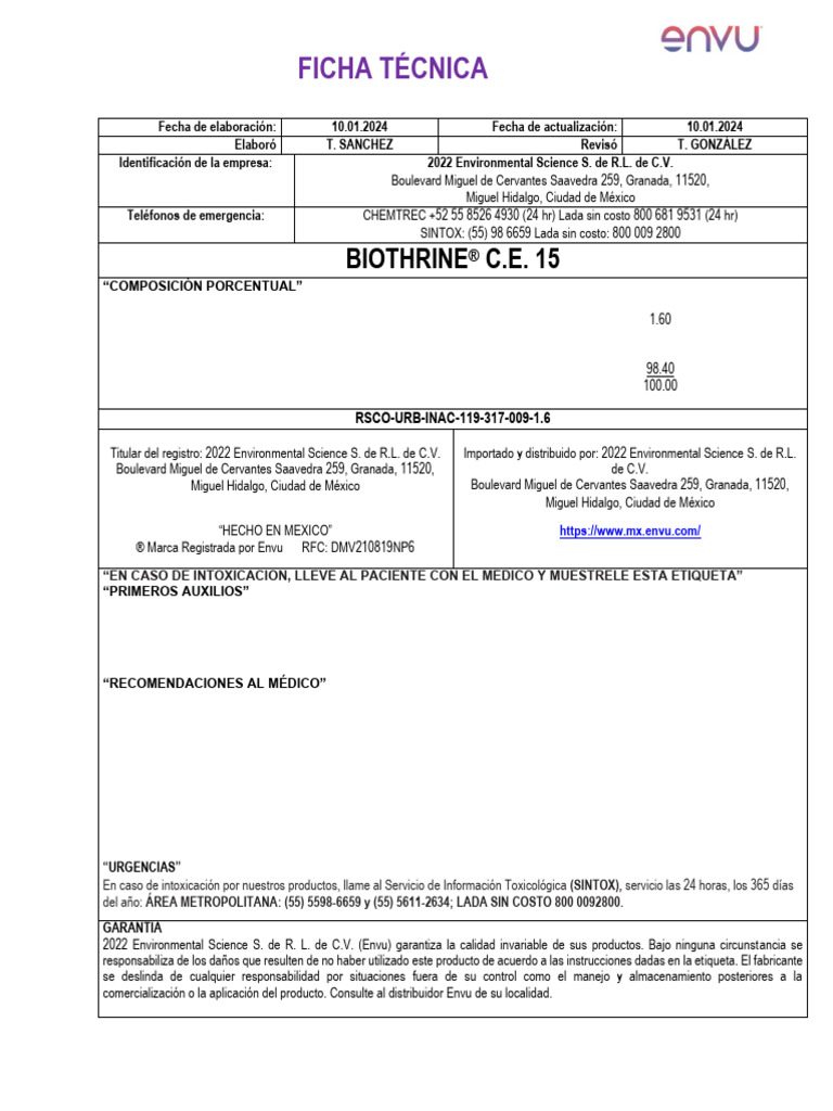 Biothrine Ce 15 - Ficha Técnica | PDF | Agua
