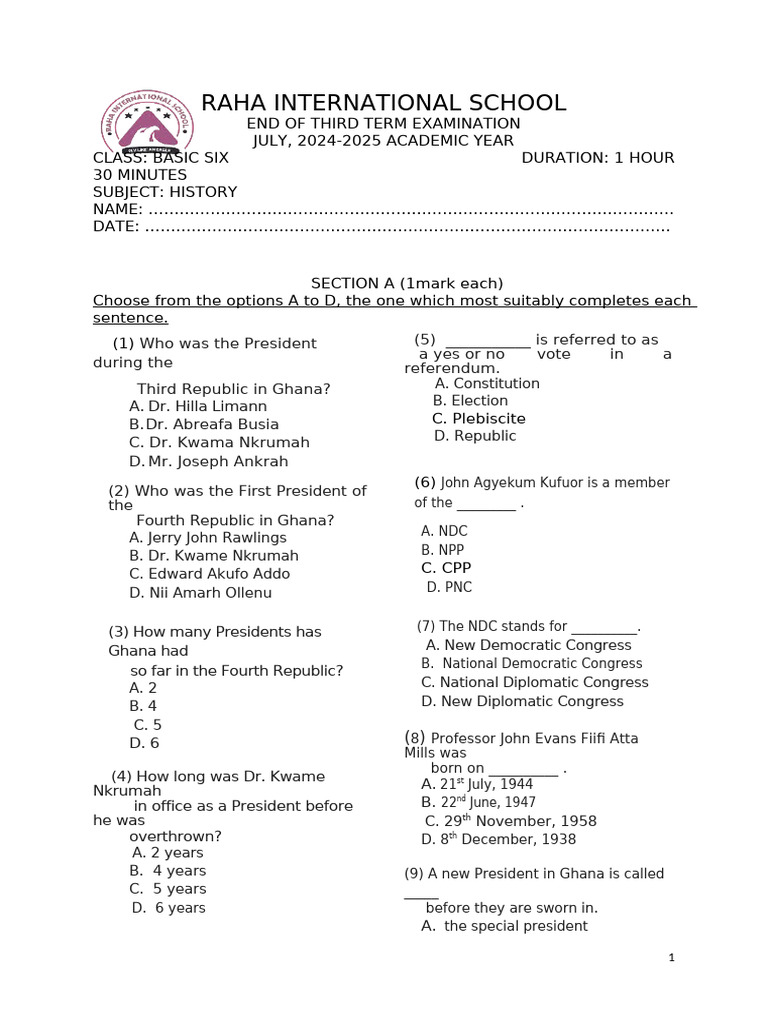 Basic 6 History Exam Questions 2025 | PDF | Ghana | Government