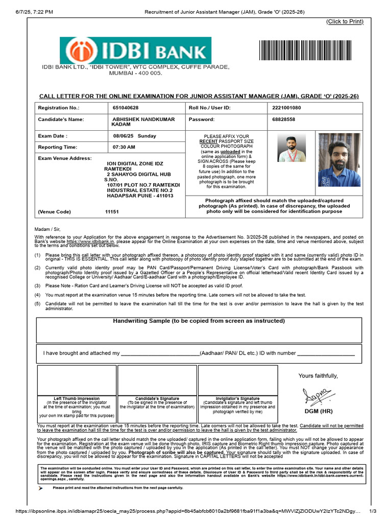 Recruitment of Junior Assistant Manager (JAM), Grade 'O' (2025-26 ...