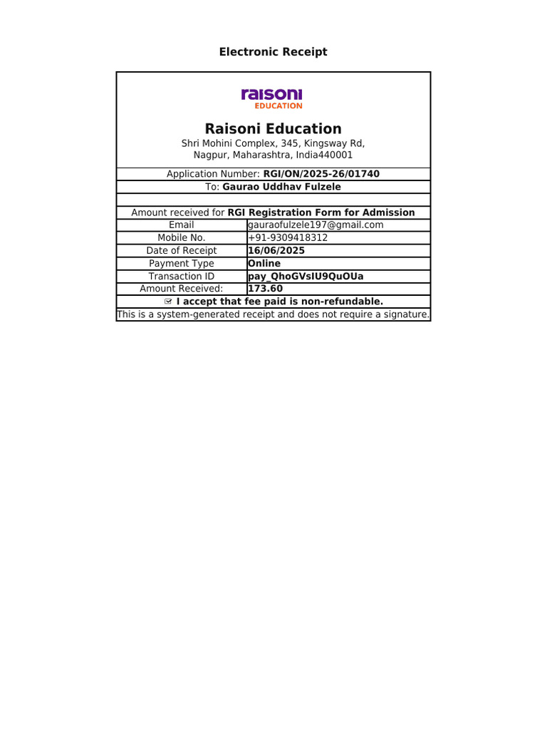 Acknowledgement Receipt RGI On 2025-26-01740 | PDF