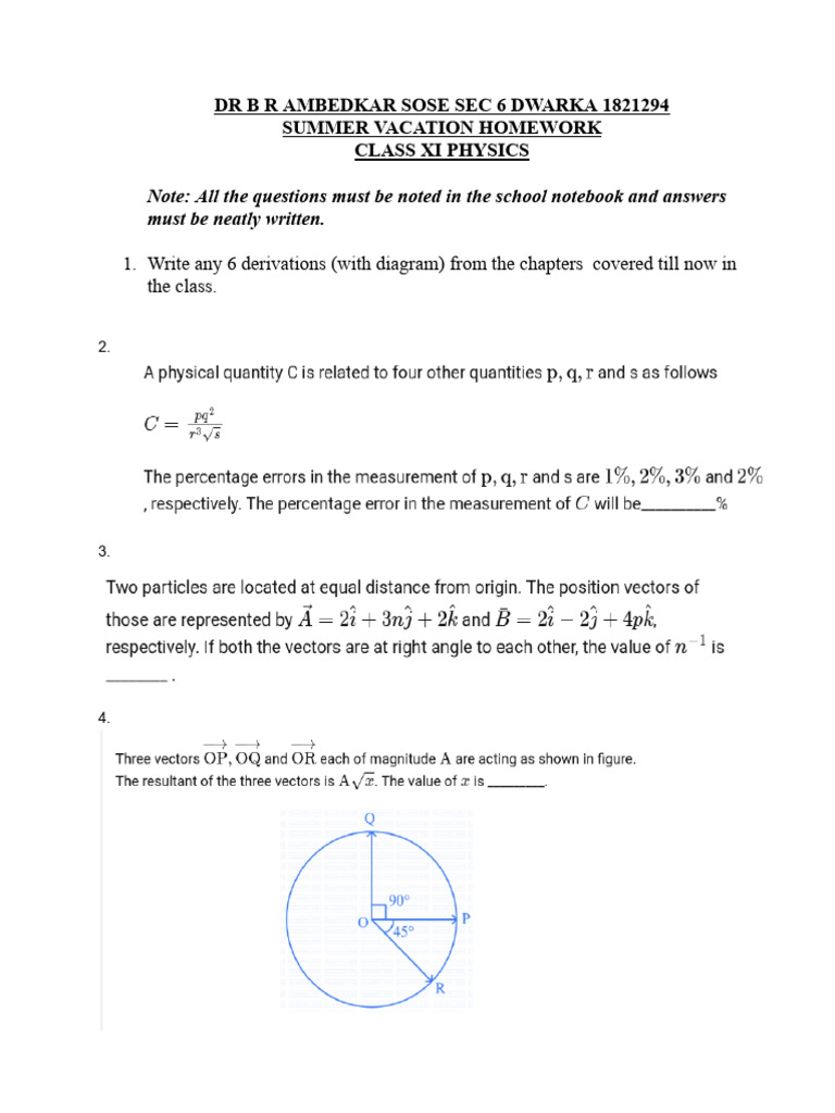Summer Vacation HW XI PHYSICS | PDF