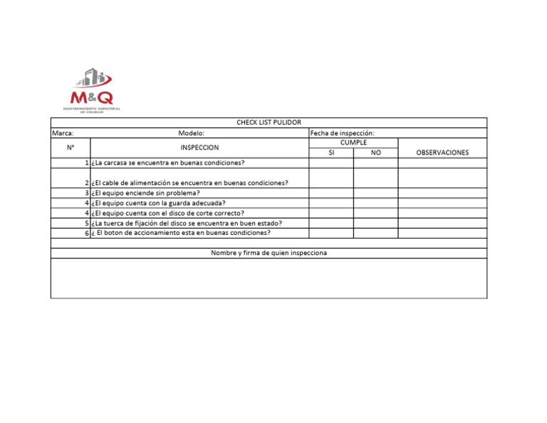 Checklist de Inspección para Pulidor | PDF