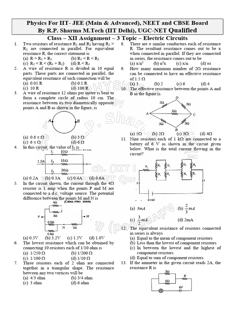 Class - XII Assignment - 3 Topic - Electric Circuits | PDF | Series And Parallel Circuits ...