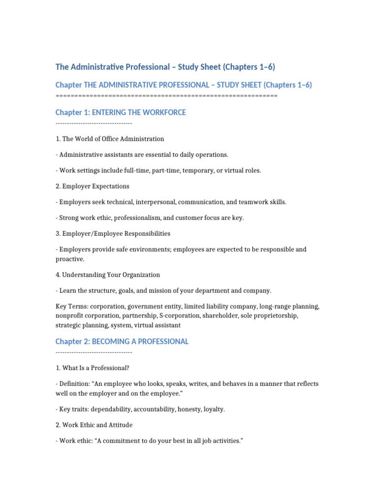 Administrative Professional Study Sheet Ch1-6 | PDF | Employment | Communication