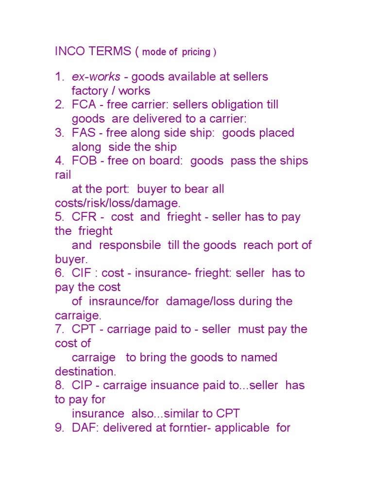 INCO Terms Overview and Pricing | PDF
