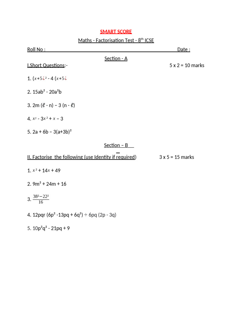 Maths - Factorisation Test - 8th ICSE-2024 | PDF