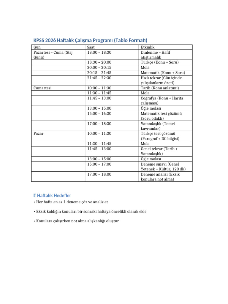 KPSS 2026 Haftalik Calisma Programi | PDF