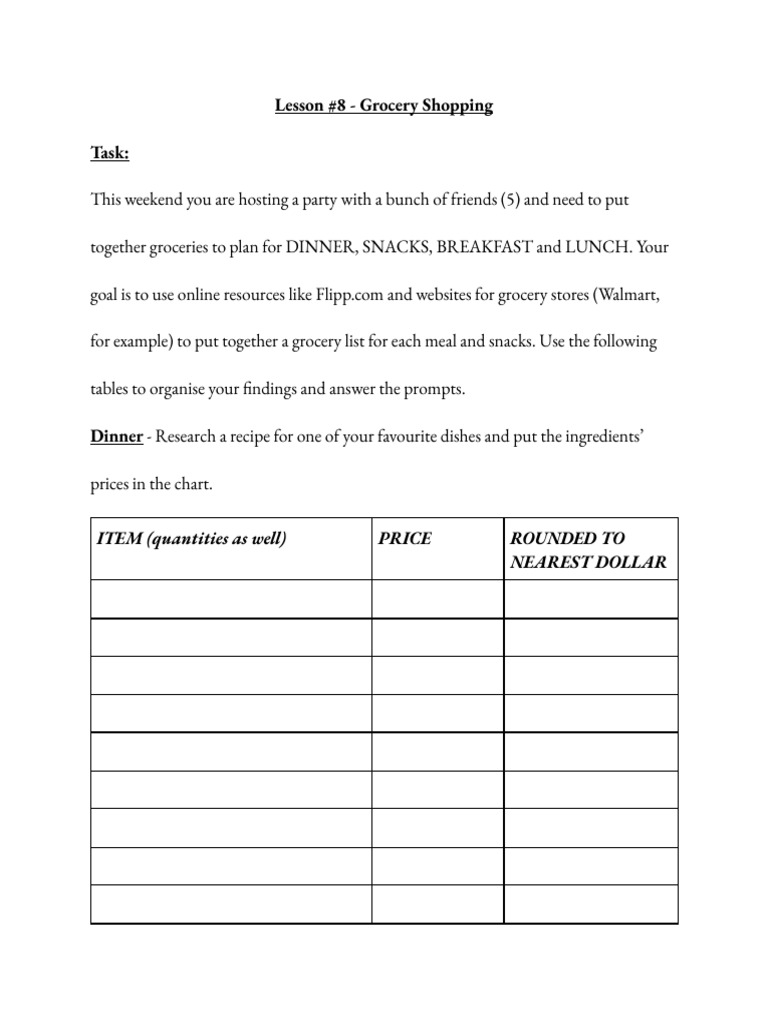 Grocery Shopping Guide for Party Meals | PDF