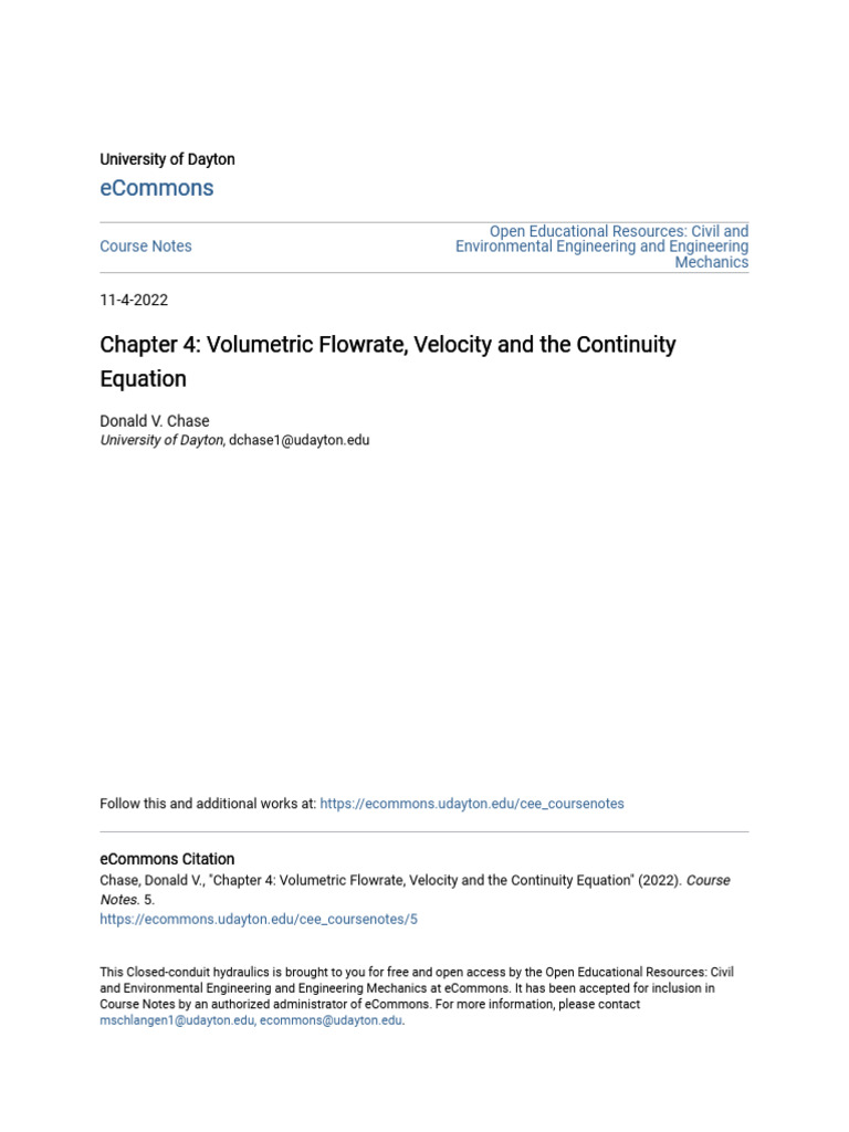 Chapter 4 - Volumetric Flowrate Velocity and The Continuity Equat | PDF | Discharge (Hydrology ...