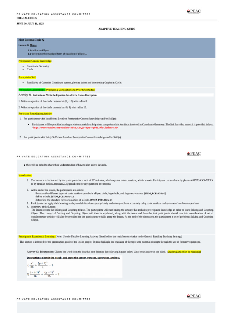 Pre-Cal - Lesson 2 ATG | PDF | Ellipse | Equations