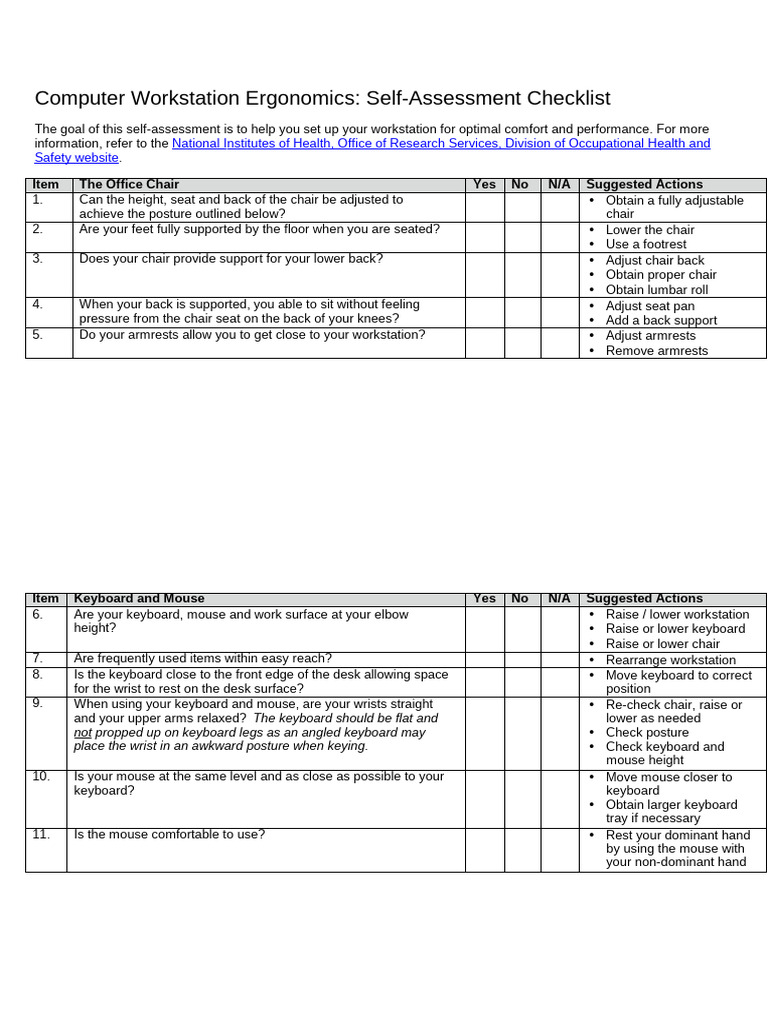 Computer Workstation Ergonomics Self Assessment Checklist | PDF | Chair ...