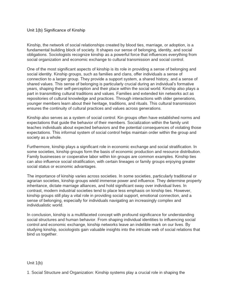 Unit 1 (B) Significance of Kinship | PDF | Kinship | Society