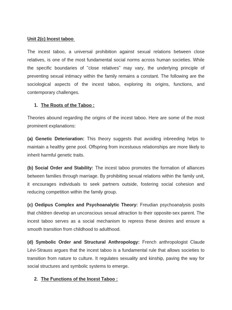 Unit 2 (C) Incest Taboo | PDF | Incest | Behavioural Sciences