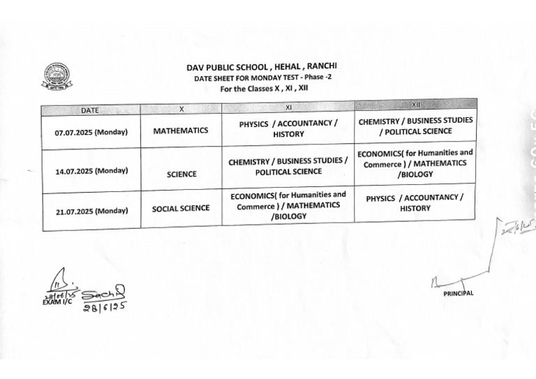 Monday Test Date Sheet | PDF