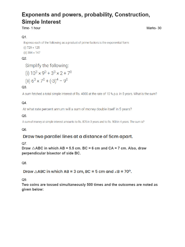 7th CBSE Exponents and Powers, Probability, Construction, Simple ...
